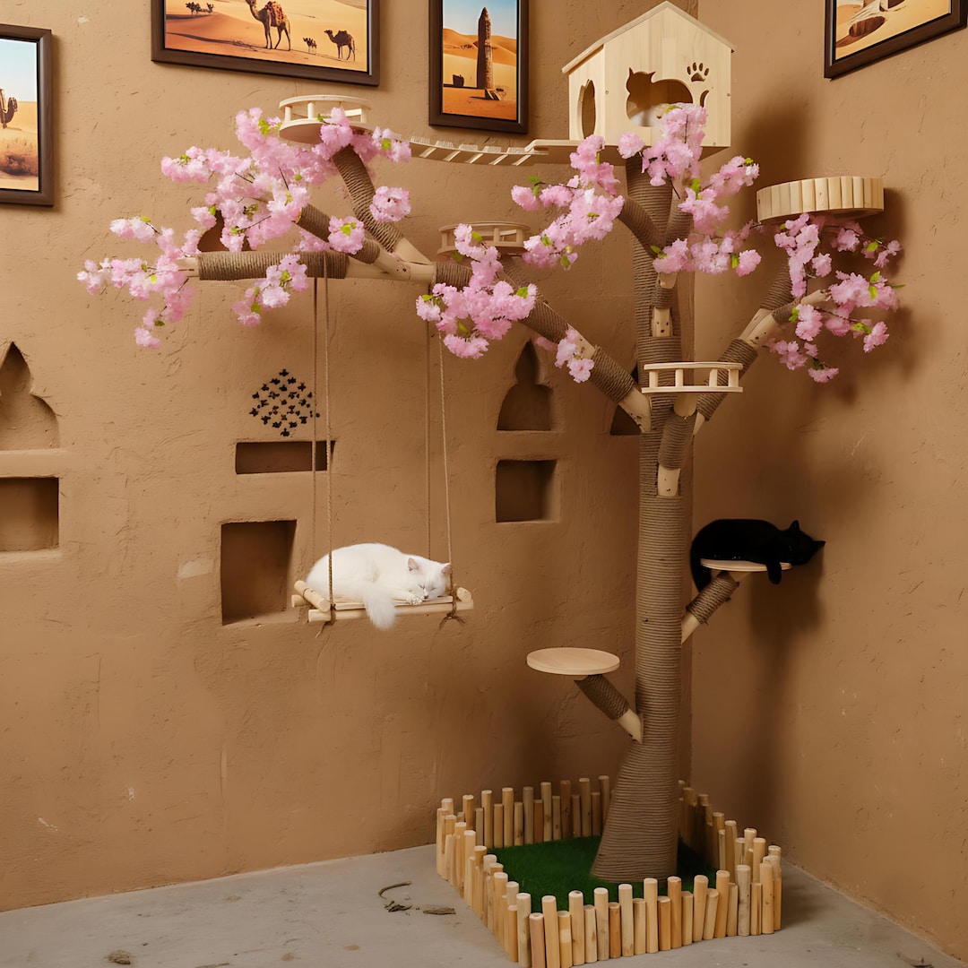 Heavy Duty Wood Cat Tree With Sisal Scratching - Rustic Natural Wood ...