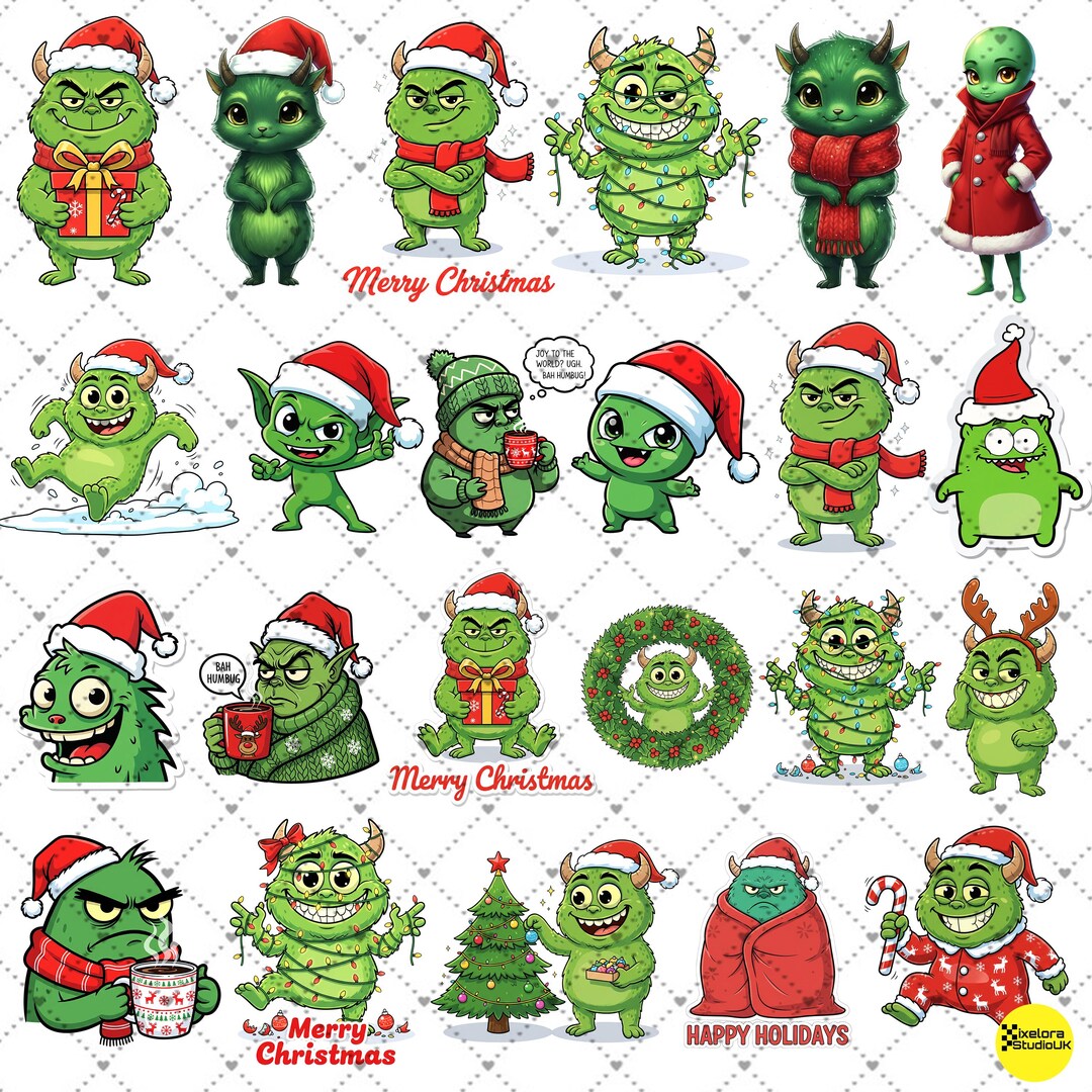 Green Christmas Monster Clipart Set Holiday Creature PNG Bundle Digital ...