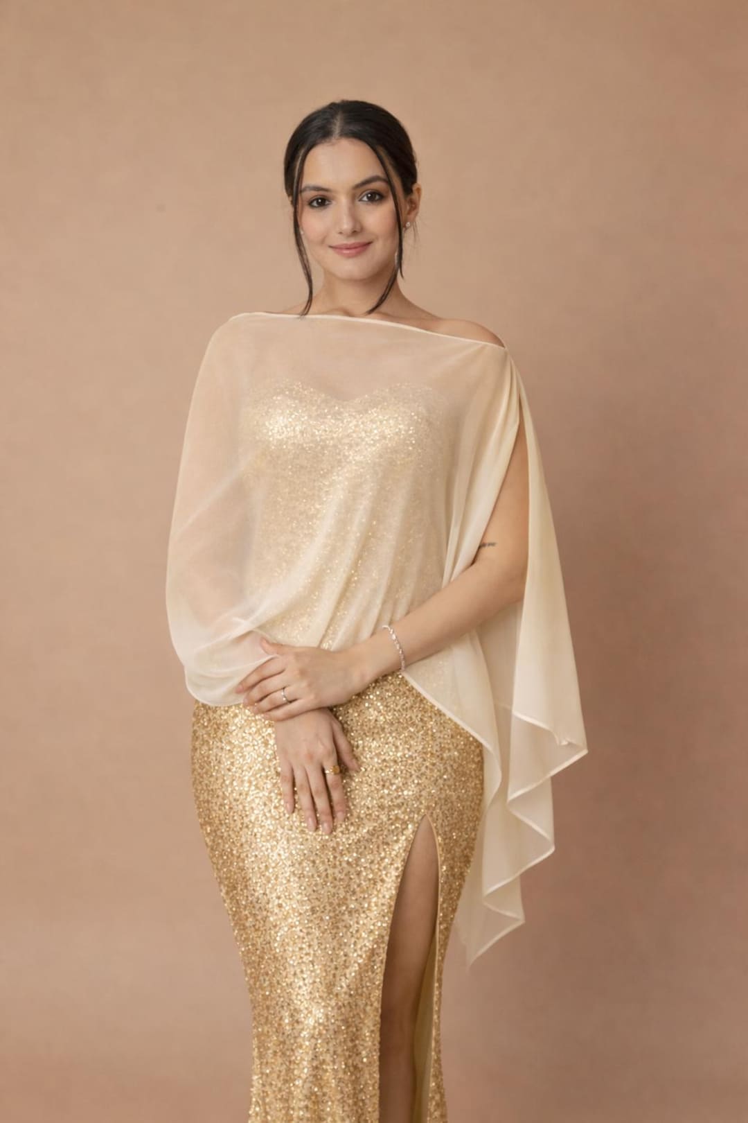 Champagne Capelet Shrug Greek Style Wrap off Shoulder Cape Sheer Scarf ...