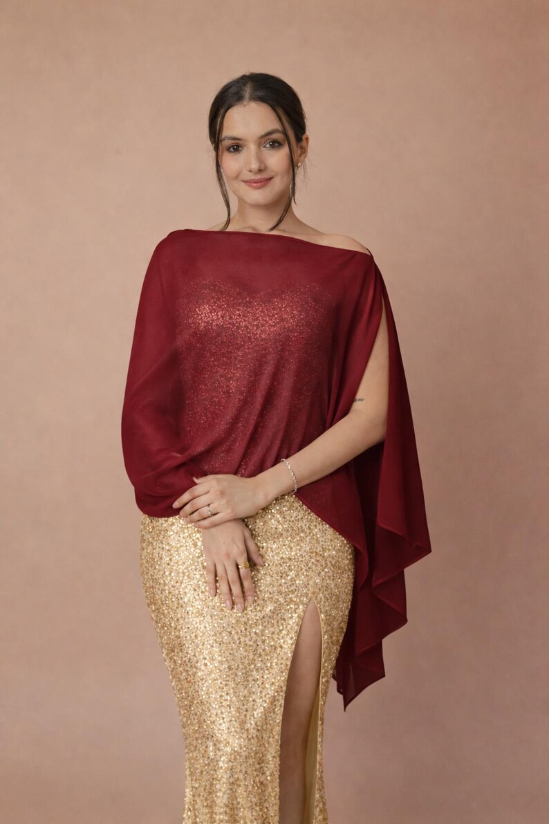 Burgundy Capelet Shrug Greek Style Wrap off Shoulder Cape Sheer Scarf ...