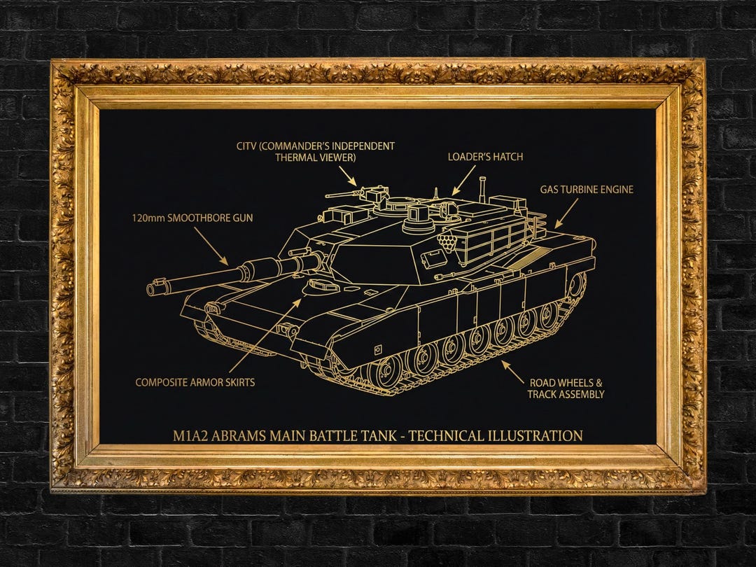 M1 Abrams Tank Blueprint Wall Art, Gold & Black Technical Schematic ...