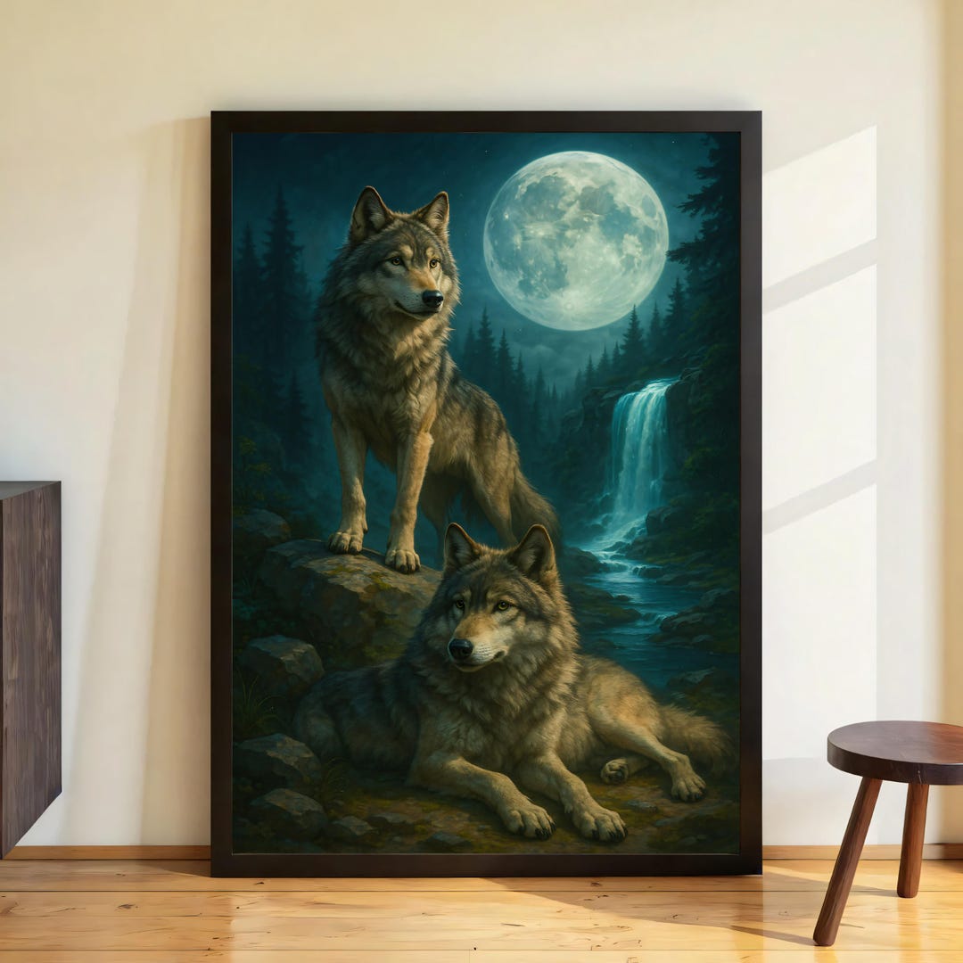 Poster Wolf Moonlit Waterfall – Mystical Wolf Decor, Nature Wall Art ...