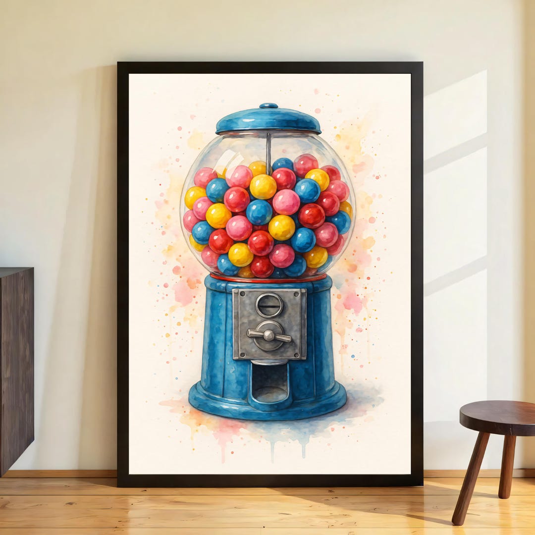 Printable Vintage Gumball Machine Poster, Retro Candy Watercolor ...