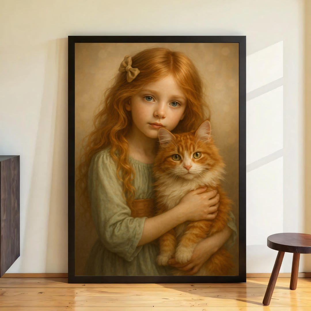 Printable Poster “vintage Girl & Cat” – Nostalgic Portrait, Warm Art ...