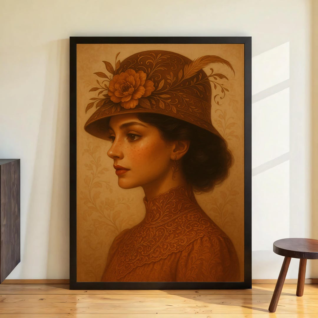 Printable Poster Gold Sepia Lady, Victorian Profile With Floral Hat ...