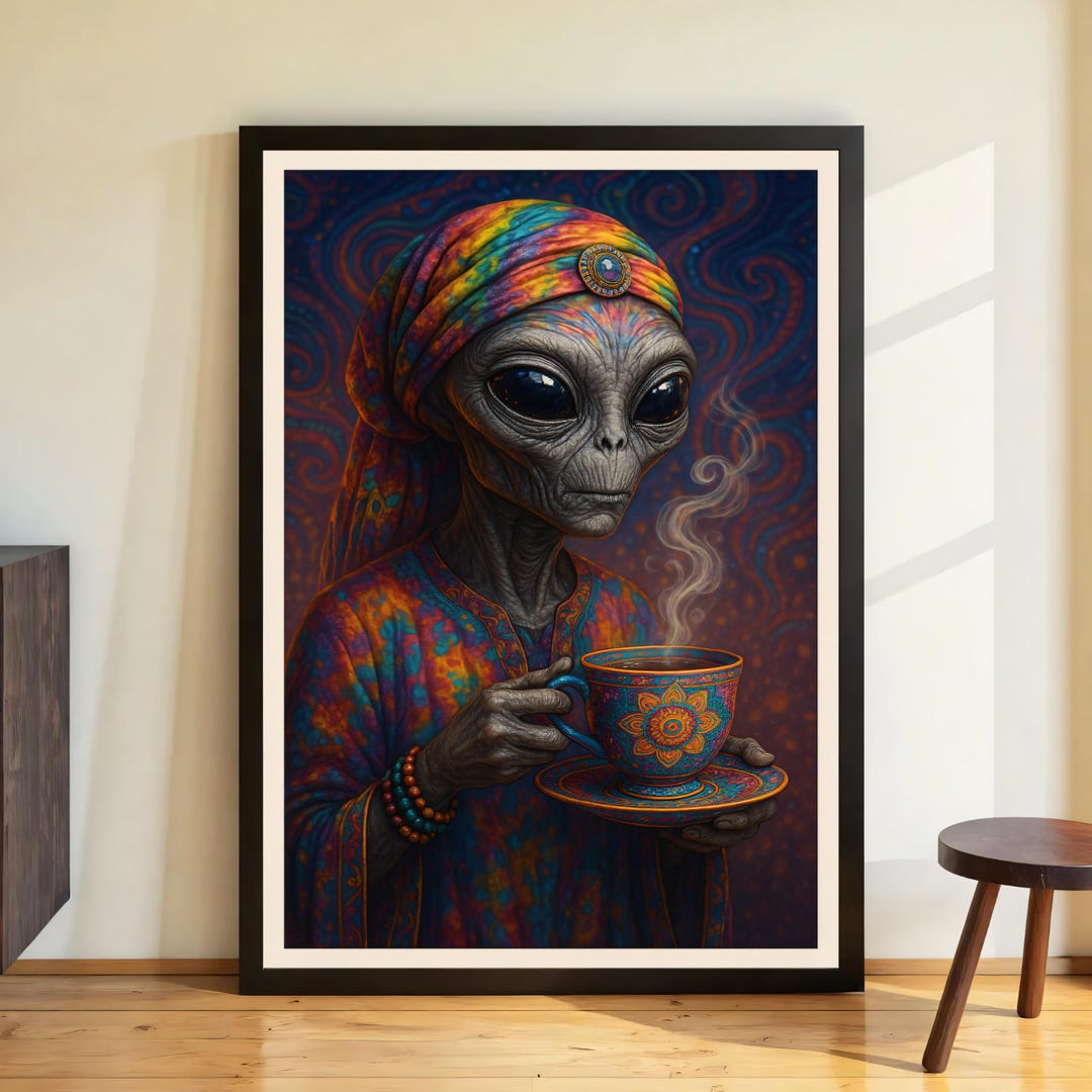 Printable Poster Psychedelic Alien – Alien With Tea, Colorful Hippie ...