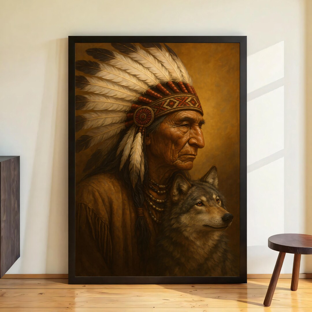 Poster Native American Chief With Wolf – Spirit Animal Art Print, Boho ...