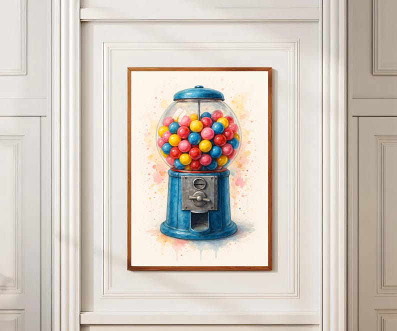Vintage Gumball Machine Printable Poster, Retro Candy Watercolor Art ...