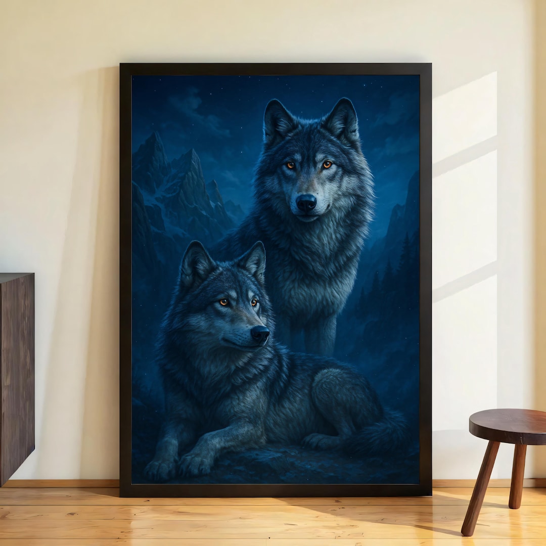Printable Poster Wall Art, Two Wolves in Blue Night, Mystical Wolf ...