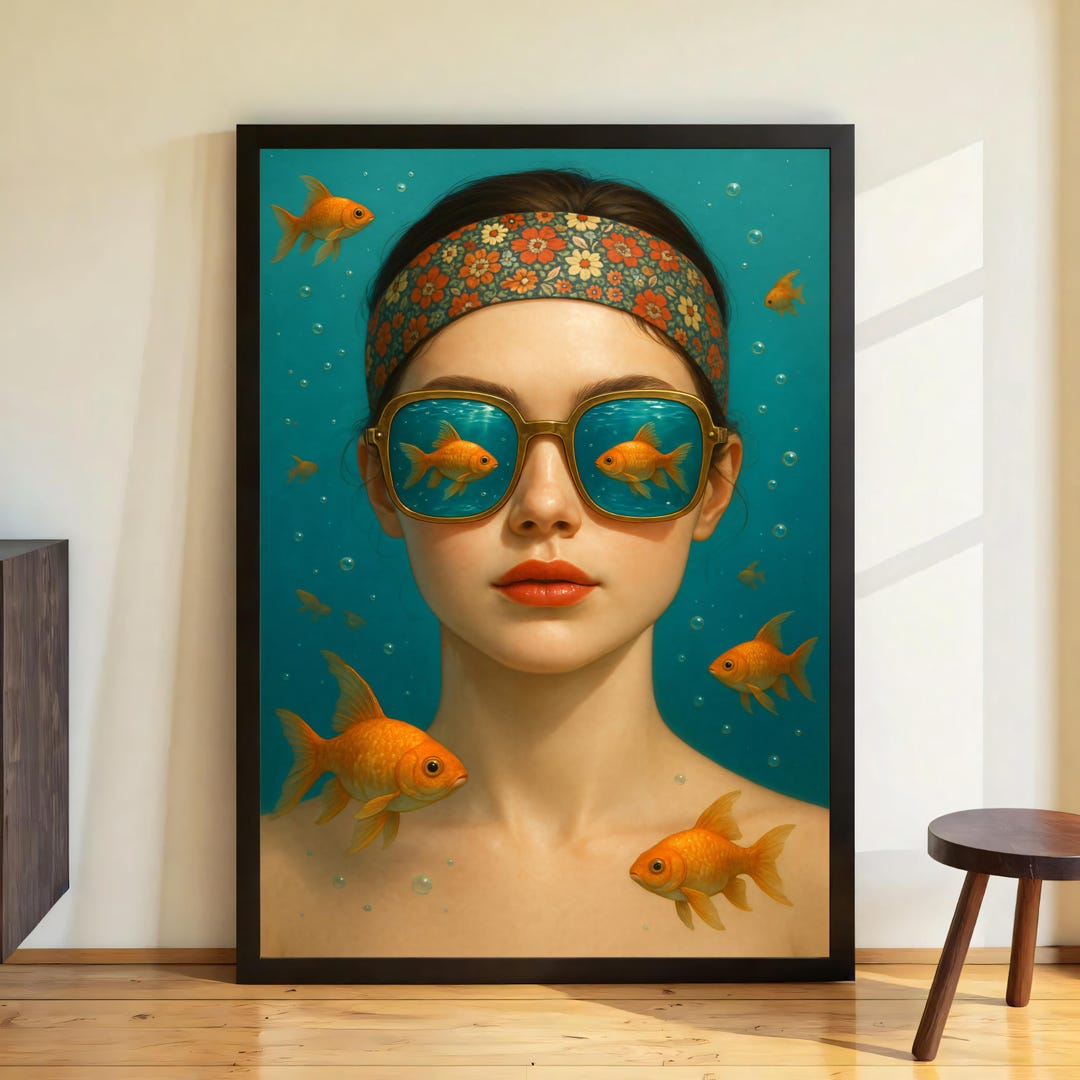 Printable Retro Goldfish Girl Poster Vintage Surreal Underwater ...