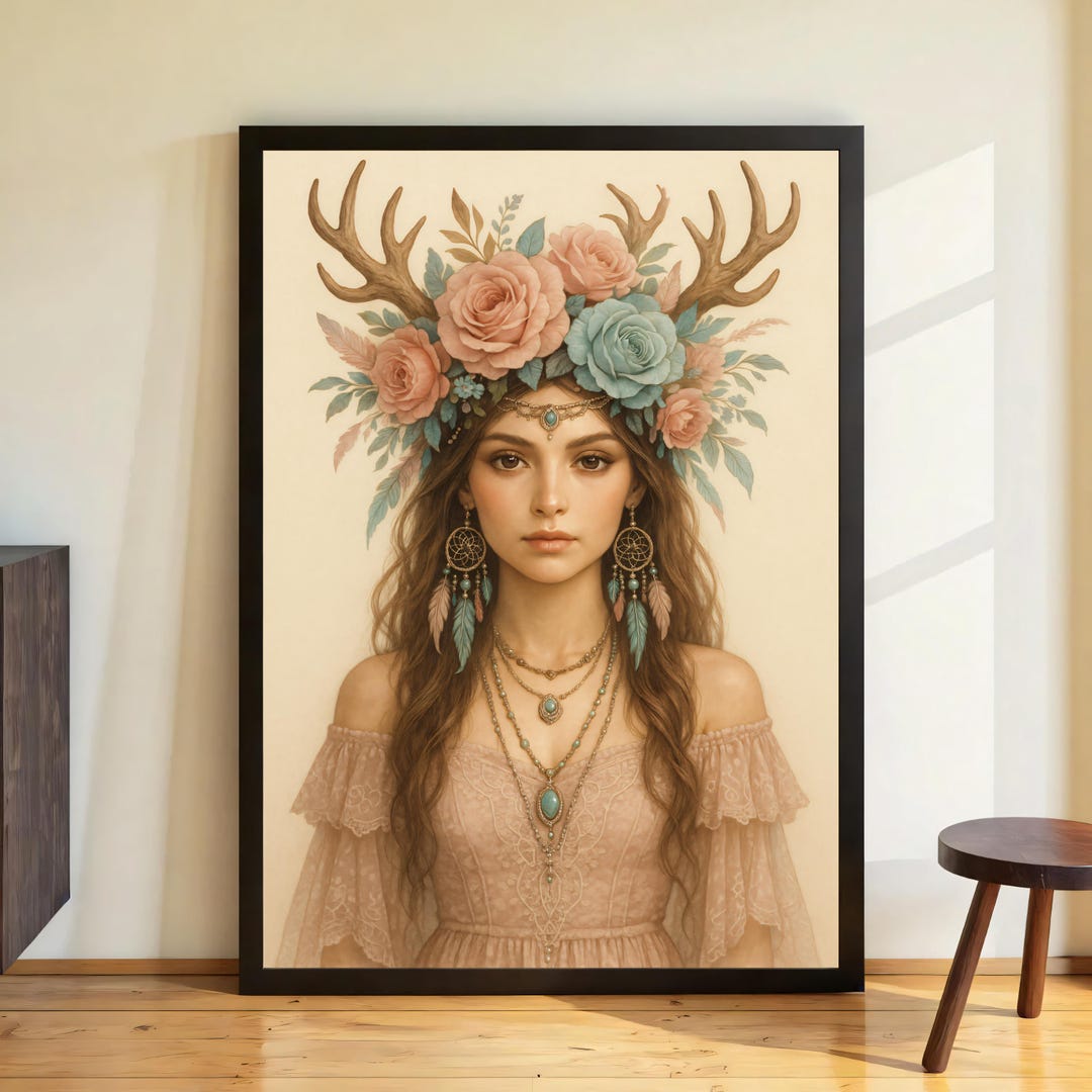 Boho Forest Goddess Poster – Antler Crown Woman Illustration, Floral ...