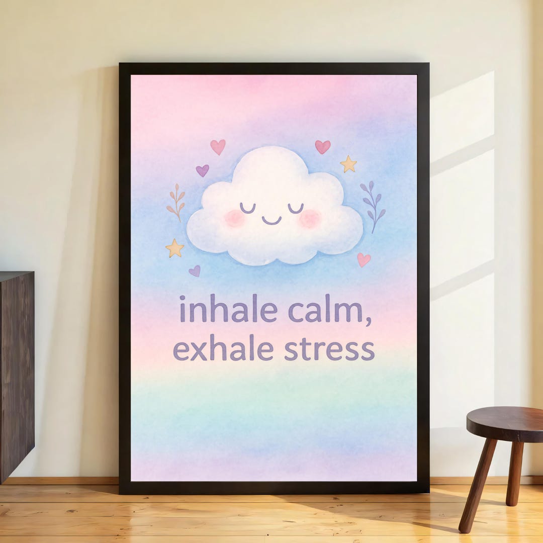 Printable Cloud Poster, “inhale Calm Exhale Stress” – Pastel Watercolor ...