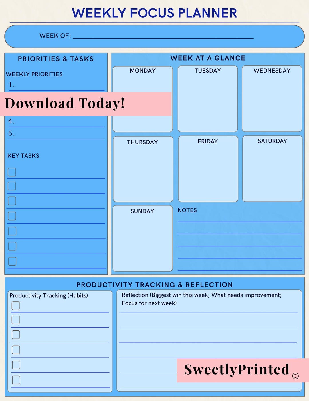 Weekly Focus Planner Printable | Weekly Planning & Priorities ...