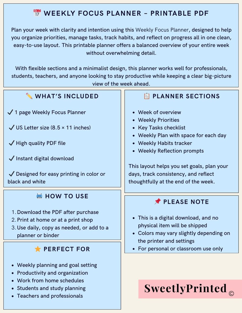 Weekly Focus Planner Printable | Weekly Planning & Priorities ...
