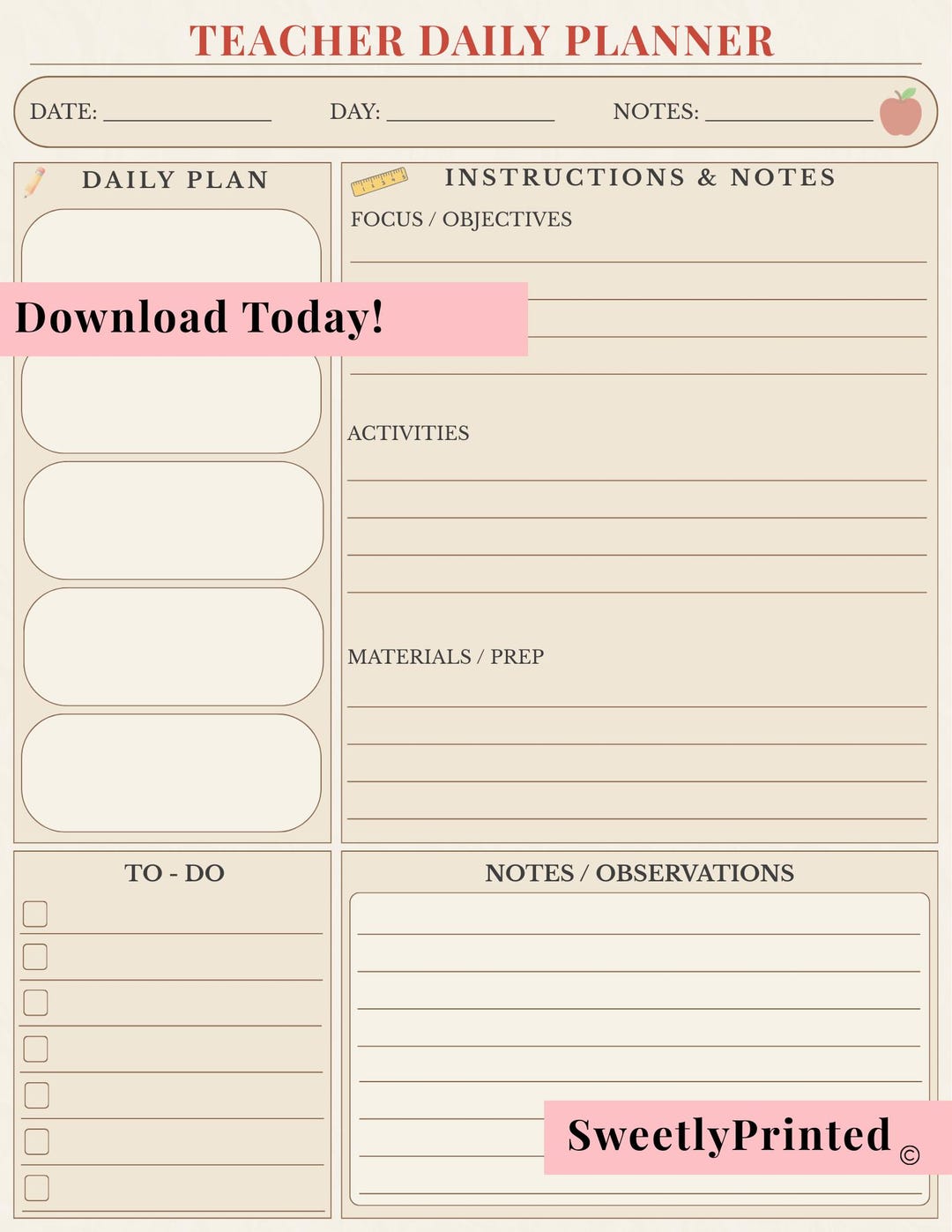 Teacher Daily Planner Printable | Classic Schoolhouse Style | Colorful ...