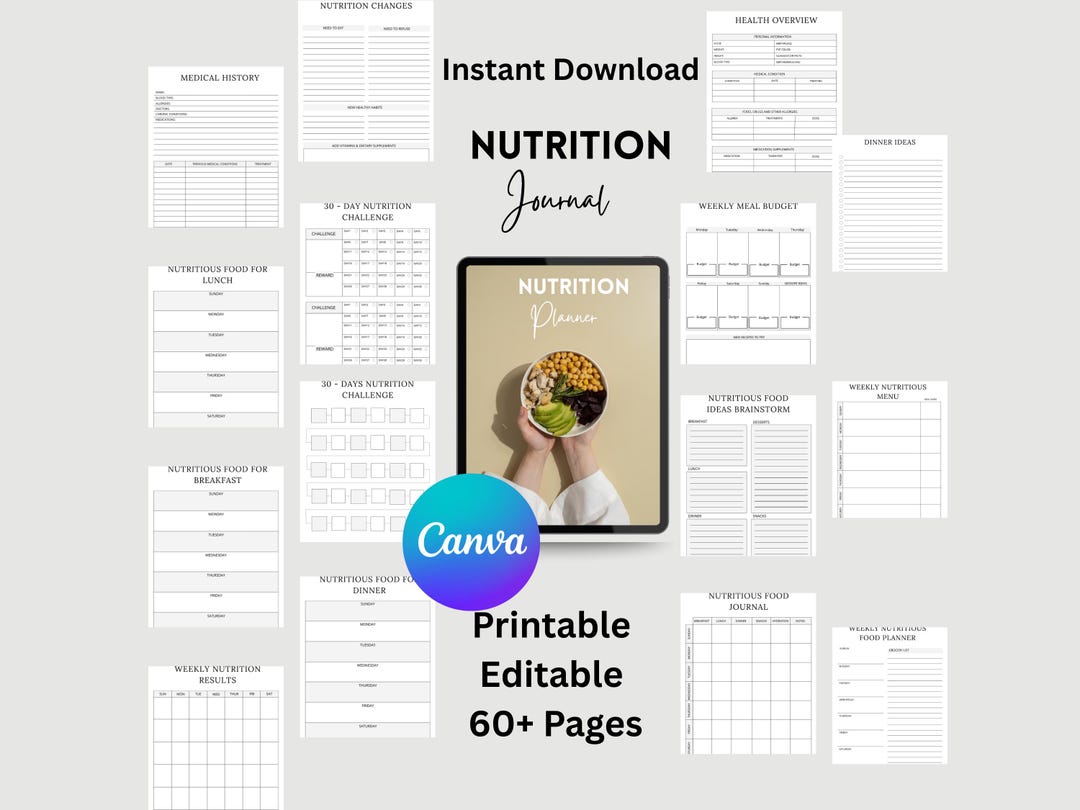 Weekly Nutritional Meal Planner Template Printable, Meal Journal Page ...