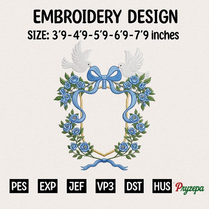 Blue Rose Frame Dove Floral, Wedding Monogram Embroidery Design ...