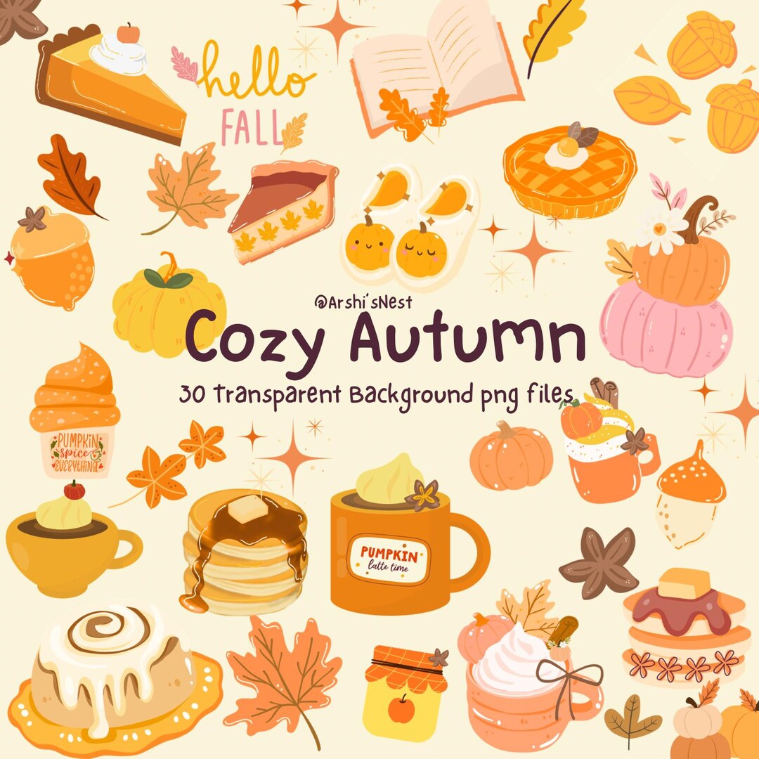 Cozy Autumn Clipart PNG Bundle | Fall Leaves, Mugs, Pumpkins (digital ...