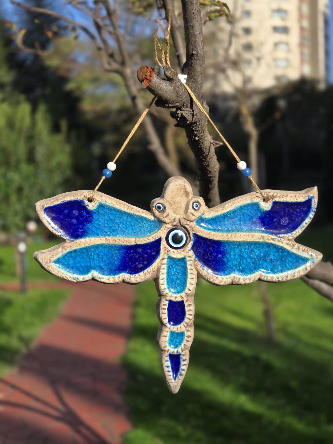 Dragonfly Evil Eye Wall Decor | Handmade Turkish Ceramic & Fused Glass ...