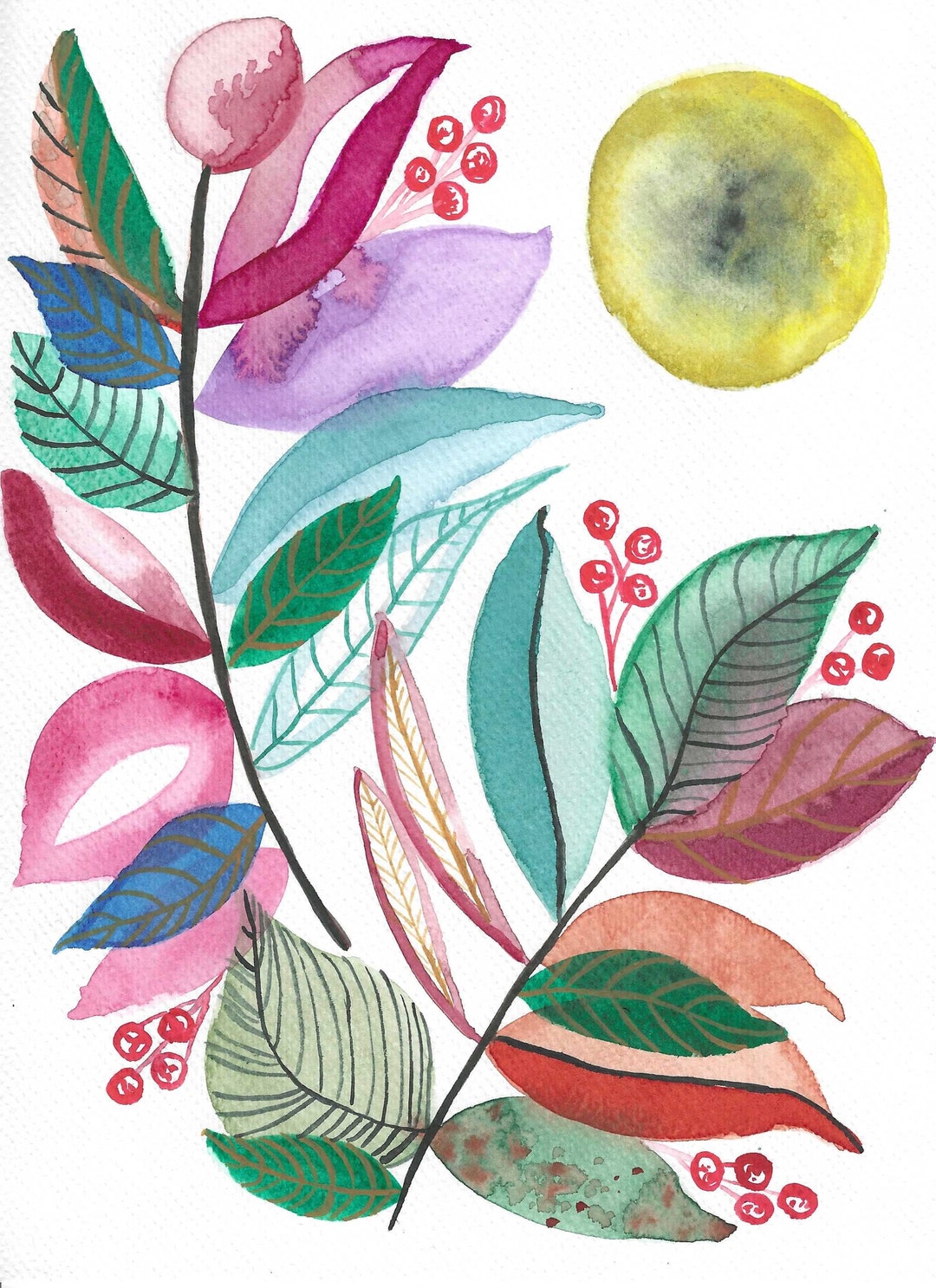 Botanical Water Colour Art Print With Moon - Etsy