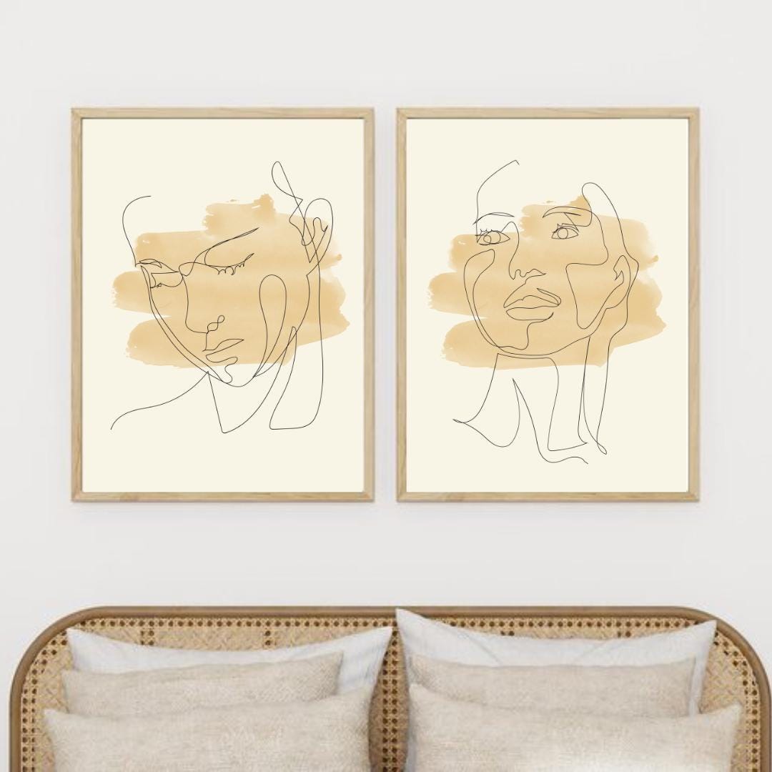 Minimalist Line Art Faces Print Set | Beige Watercolor (digital ...
