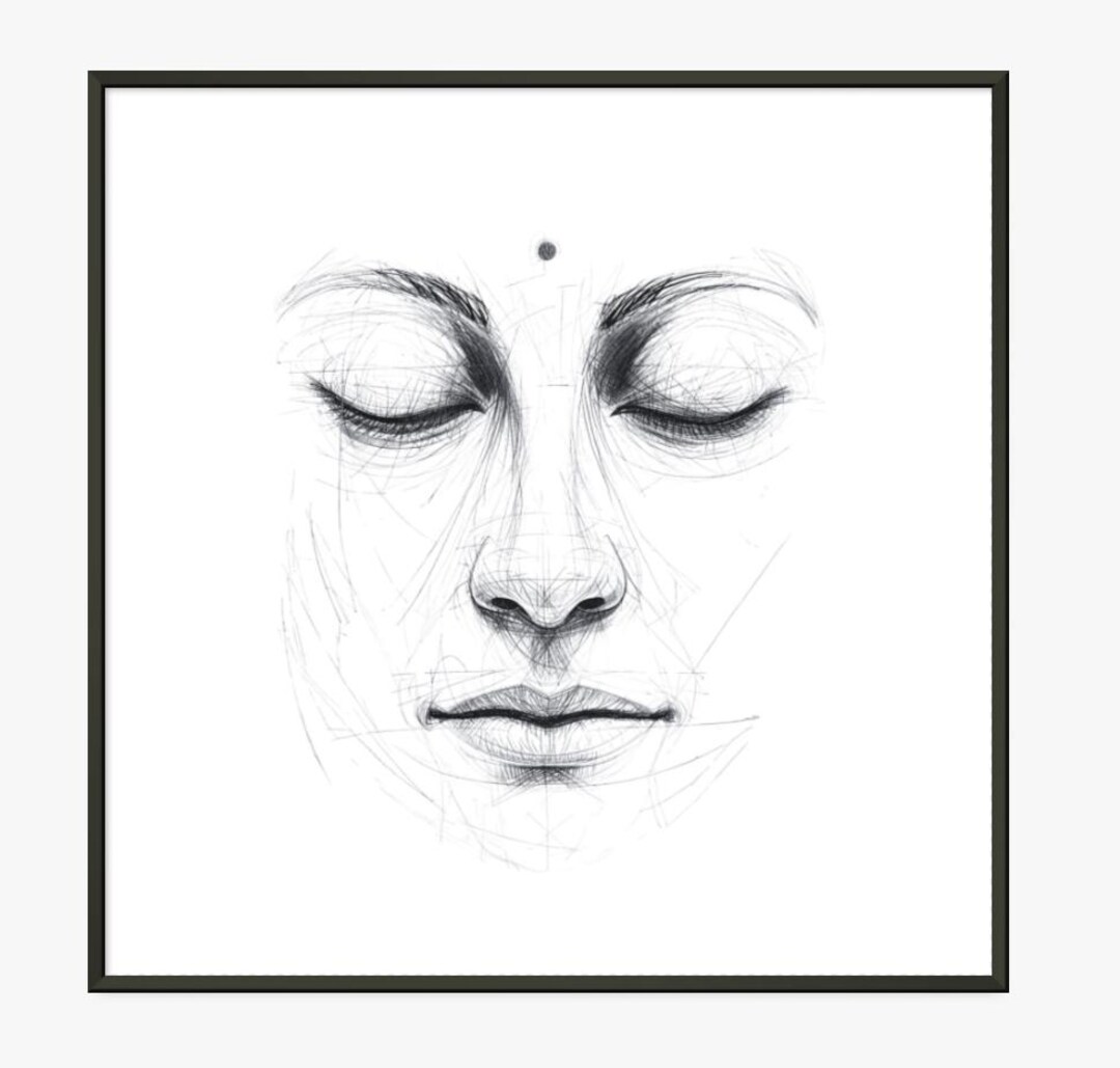 Meditating Face Wall Art – Black & White Pencil Drawing, Abstract Line ...
