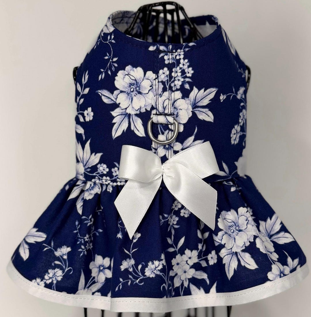 Navy Floral Dog Harness Dress | Classic Blue White Small Dog Outfit ...