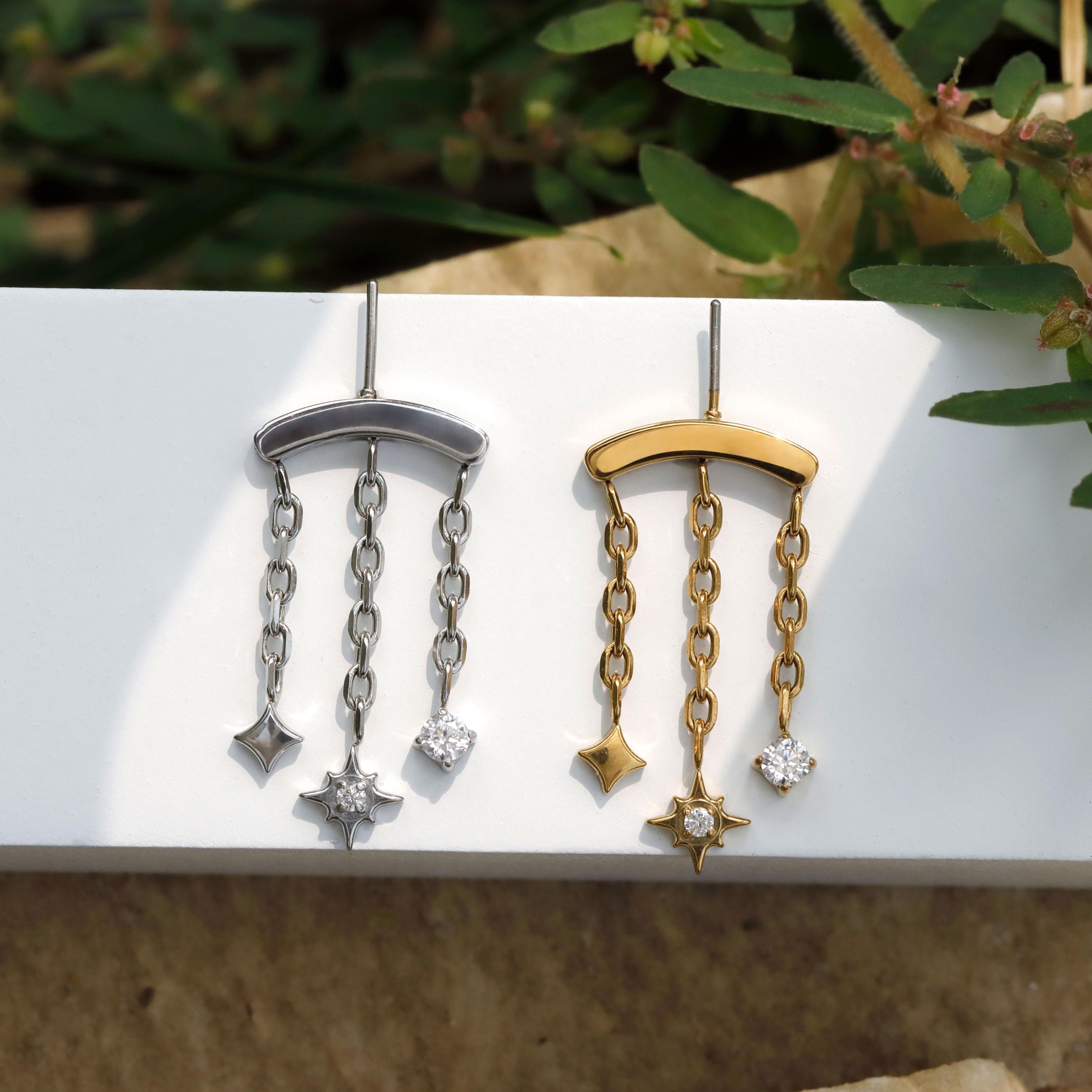 Vertical Helix Threadless Star Dangle Chain Earring, 316L Implant Steel ...