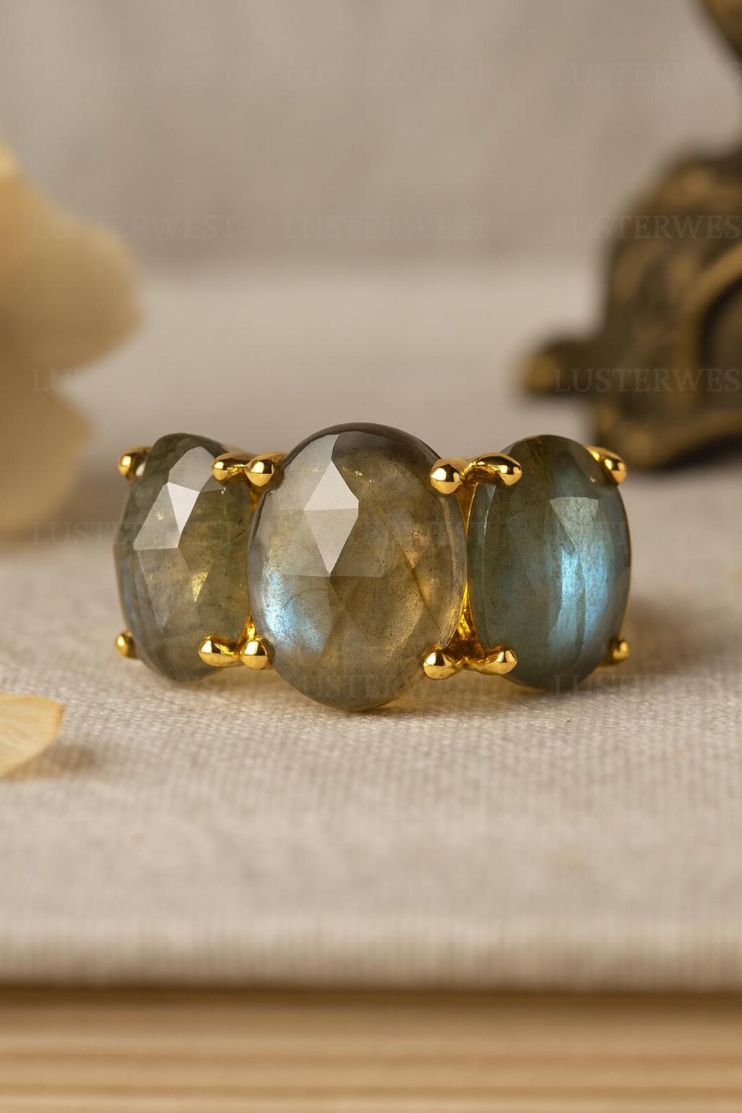 Oval Cut Labradorite Ring | 10K Yellow Gold Three Stone Band ...