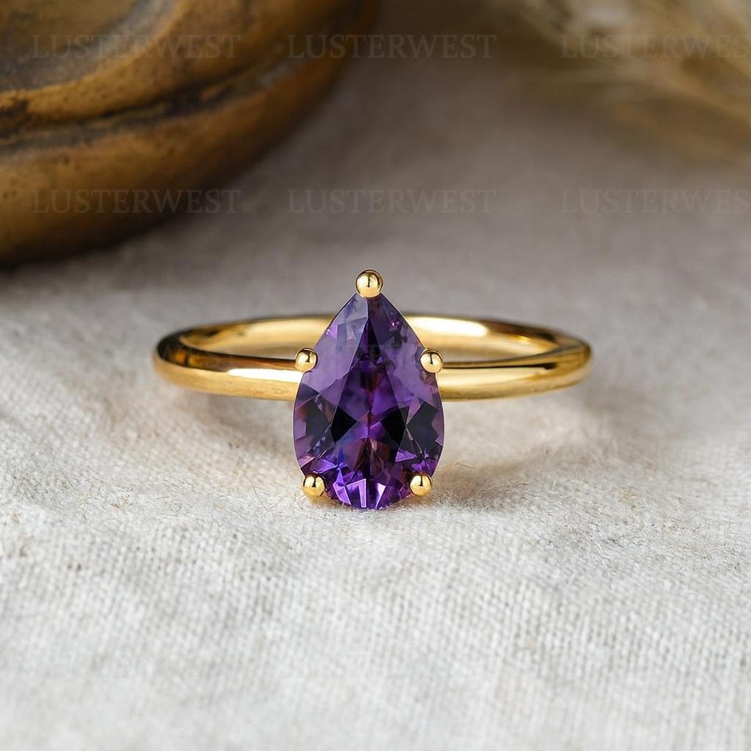 Bague améthyste taille poire, bague de fiançailles solitaire en or ...