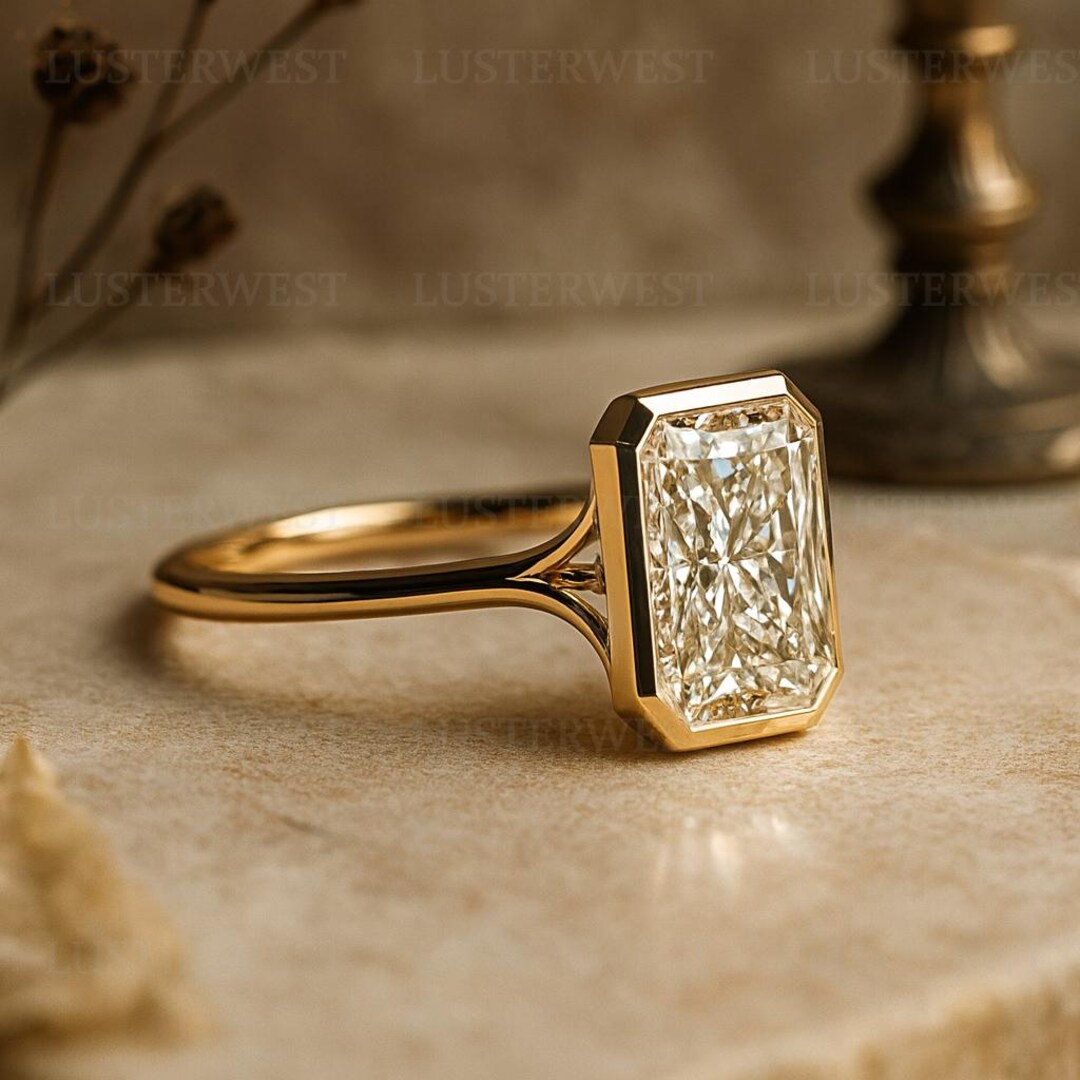 Radiant Cut Bezel Set Engagement Ring • Gold Radiant Diamond Ring ...