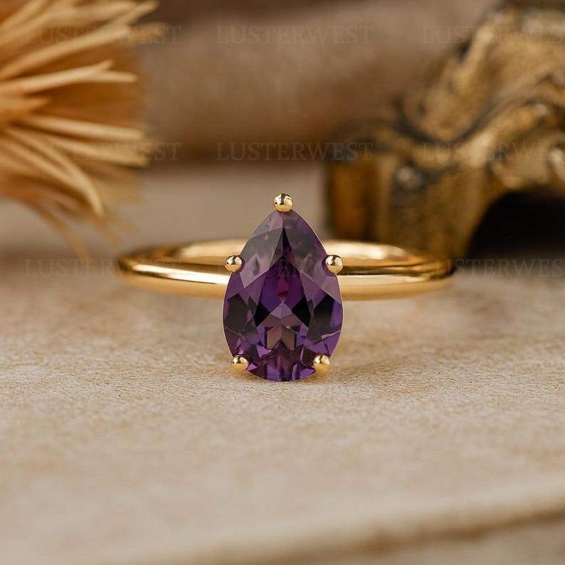 Bague améthyste taille poire, bague de fiançailles solitaire en or ...