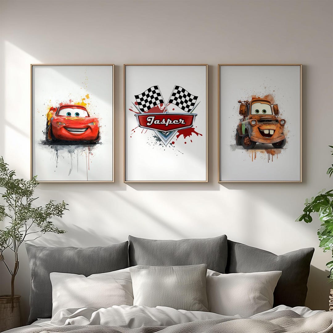 Personalised Cars Nursery Wall Art Set, Lightning Mcqueen Kids Room ...