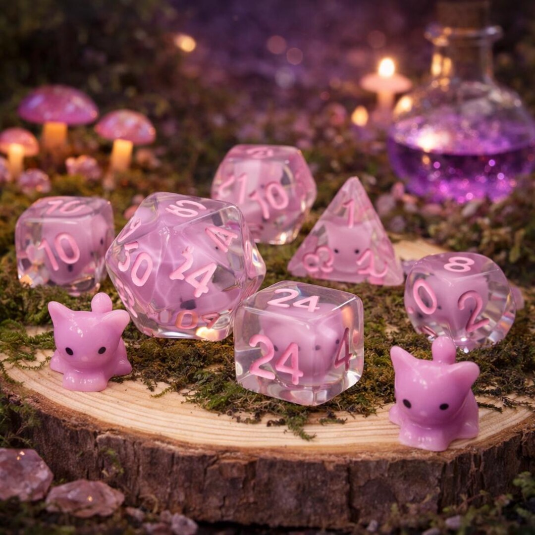 Pink Cat-core Resin Polyhedral Dice Set — Adorable Cat-themed Dice for ...