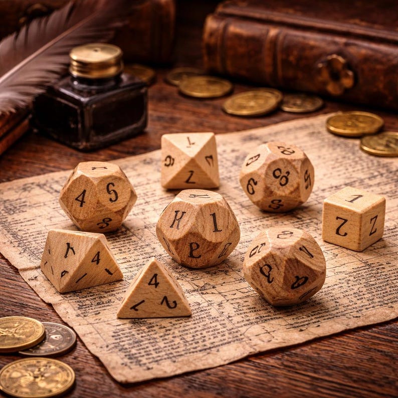 Handcrafted Wooden Dice Set - 7-piece Carved Number Dice for RPG ...