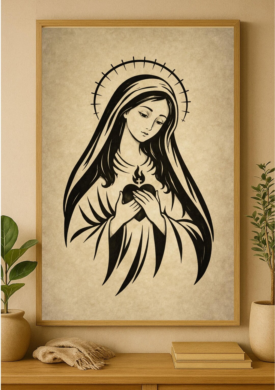 Virgin Mary Sacred Heart Art Print, Minimalist Catholic Decor (digital ...