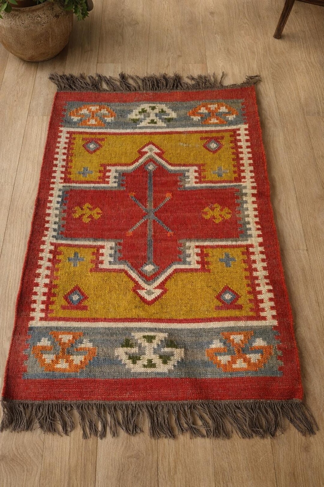 Handwoven Wool Jute Rug, Red Cross Pattern, Boho Area Carpet, Eco ...