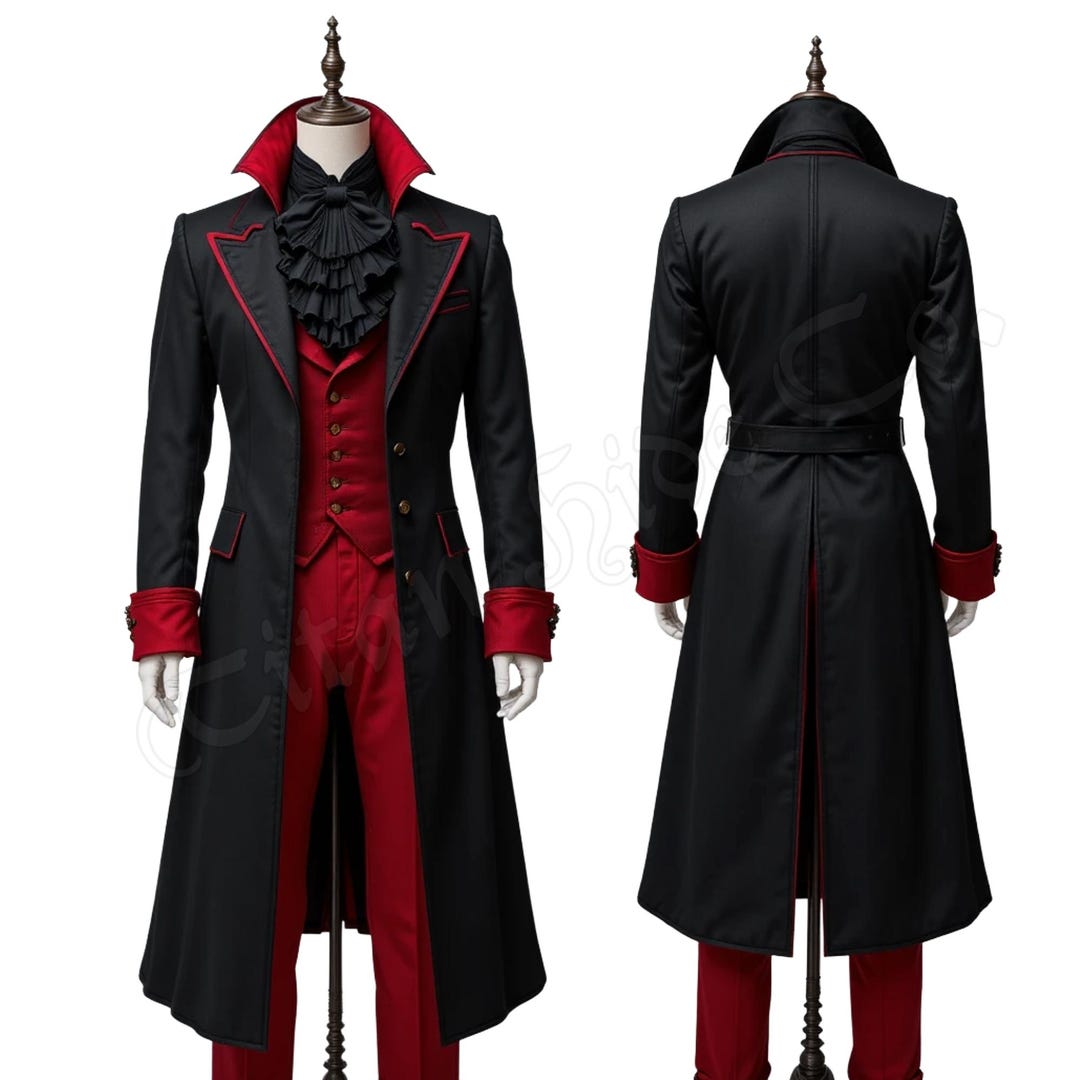 Vampire Handmade Victorian Gothic Halloween Coat - Black Red Long ...