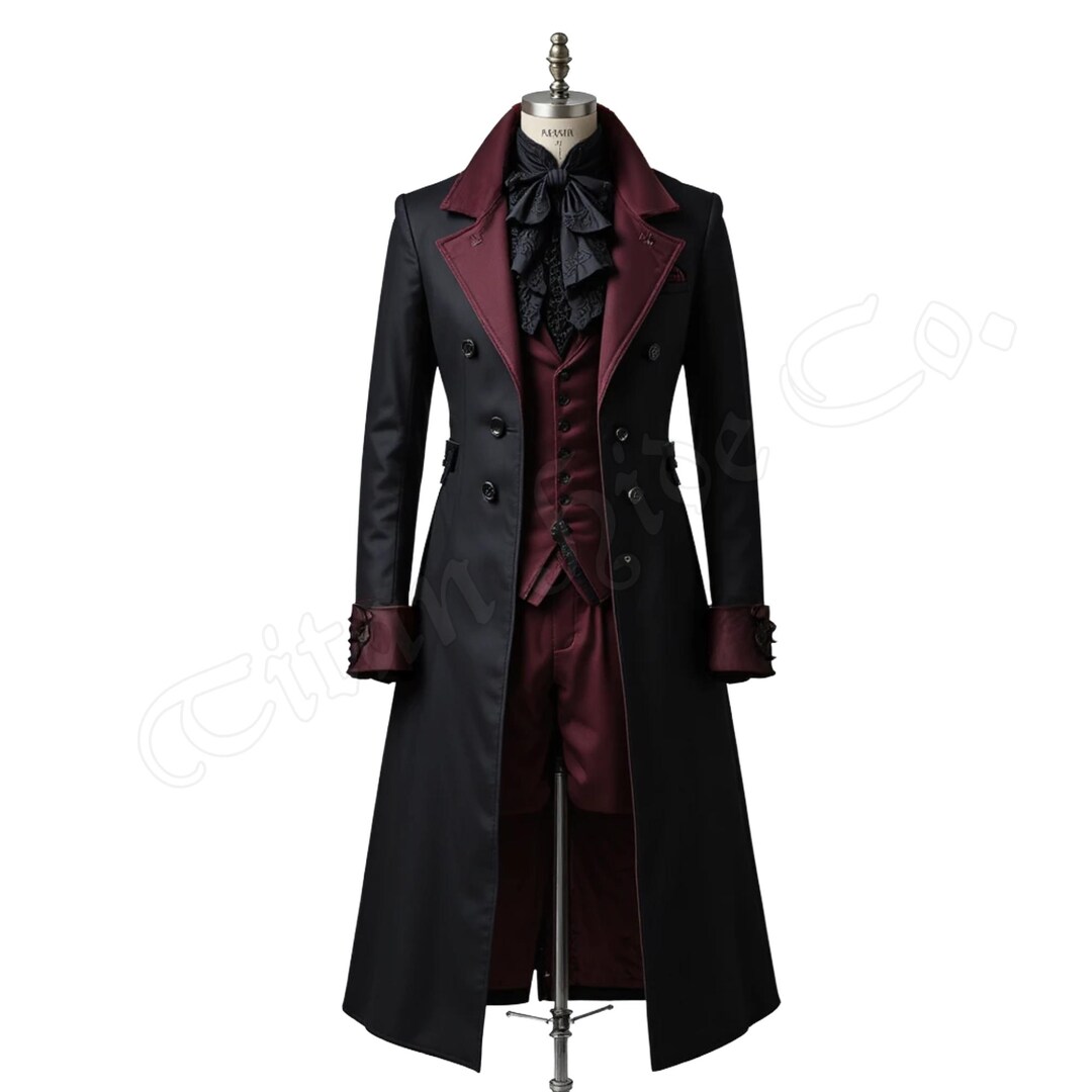 Handmade Victorian Gothic Unisex Vampire Coat - Black & Maroon Long ...