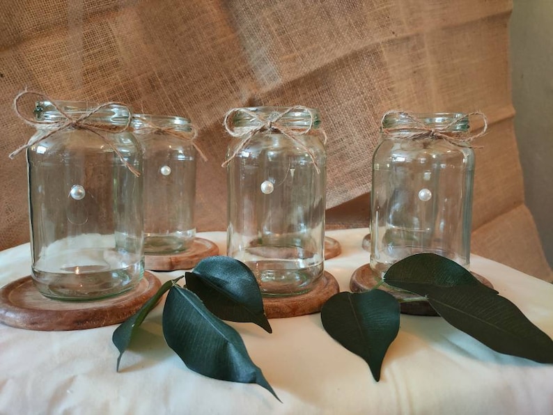 12 Jam Jar Table Centrepiece Jute Band and a Pearl Rustic/vintage Style ...