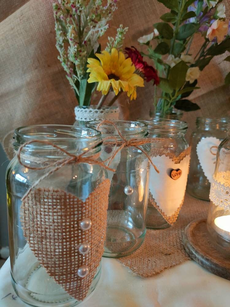 12 Table Centrepiece Wedding Jam Style Jars, Rustic Style Hand ...
