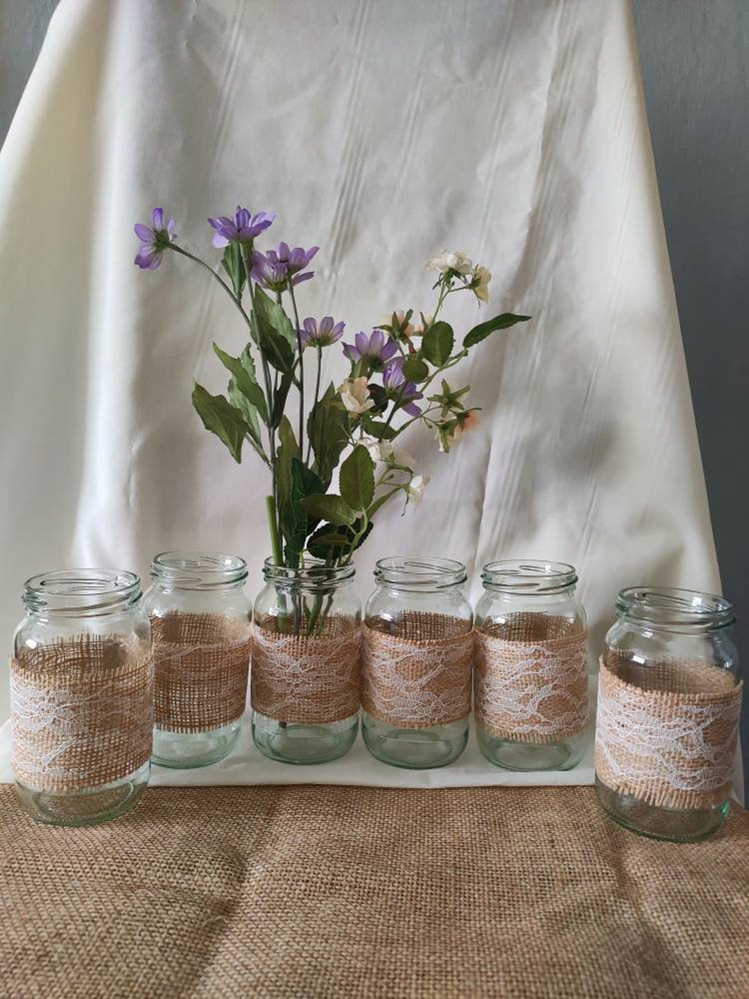 6 Wedding Table Centrepiece Jam Style Jars in Rustic Style Hessian and ...