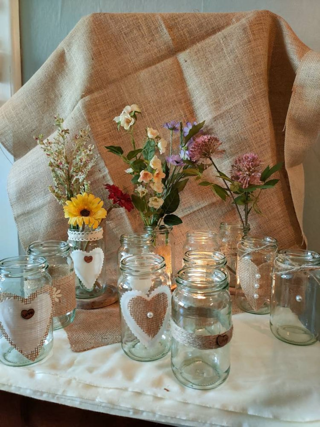 12 Table Centrepiece Wedding Jam Jars, Rustic Style Hand Decorated With ...