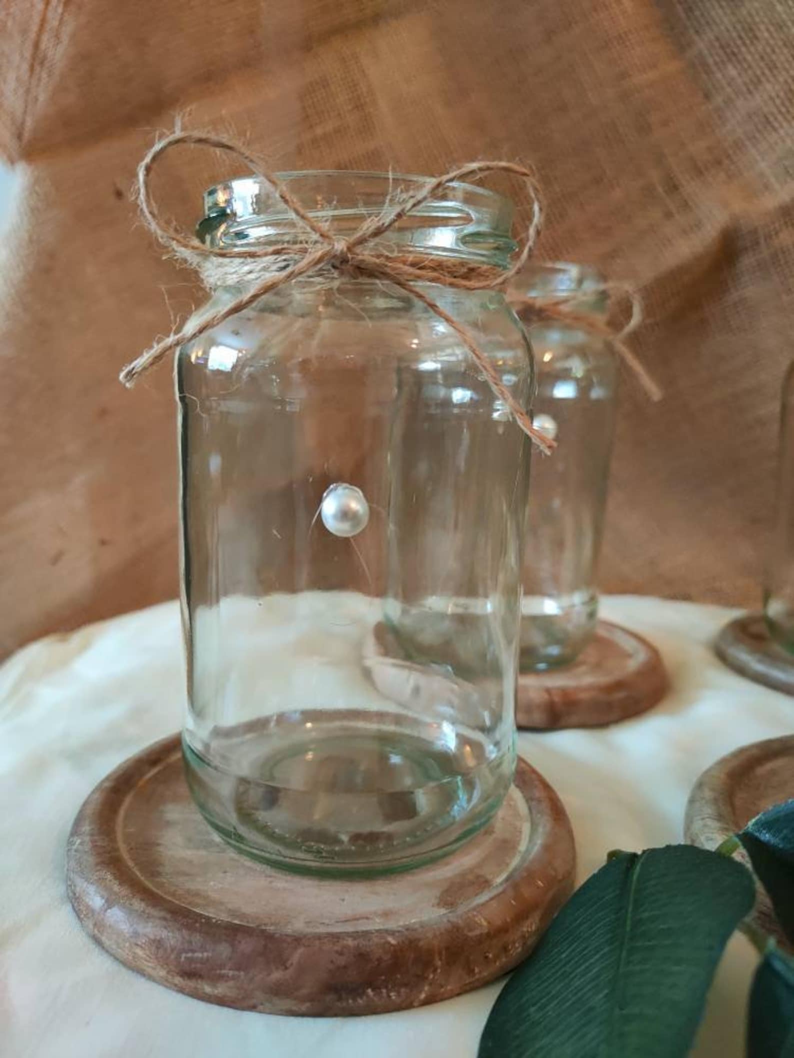 12 Jam Jar Table Centrepiece Jute Band and a Pearl Rustic/vintage Style ...