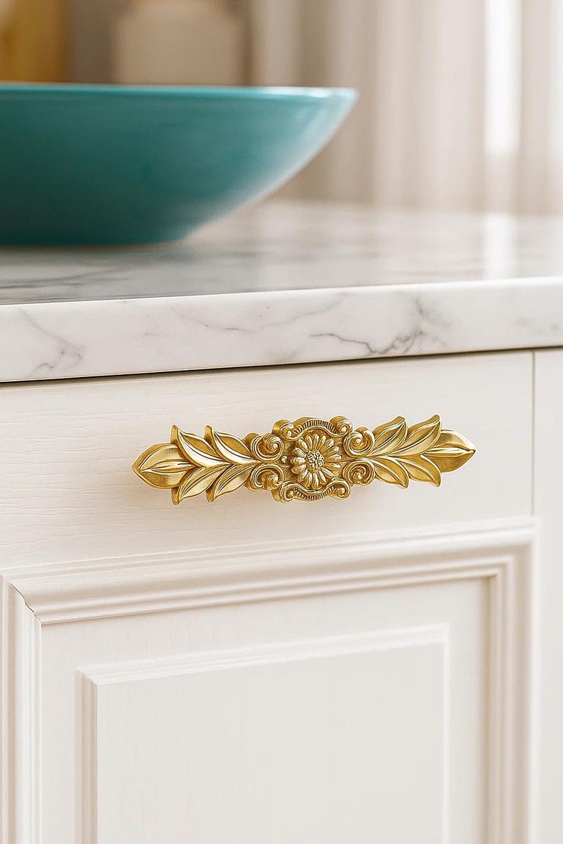Brass Floral Leaf Handle: Gold Cabinet Drawer Pull - Etsy