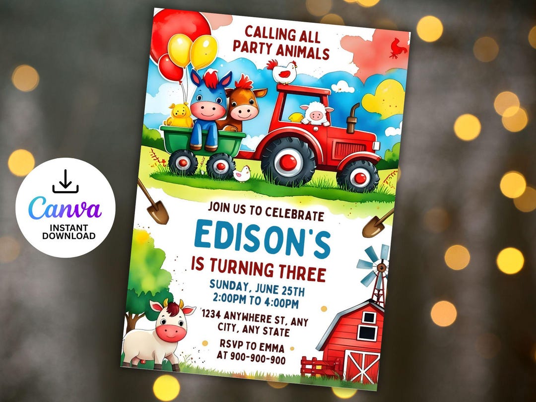 Farm Animals Birthday Invitation: Barnyard Party Invites (5x7 Canva) - Etsy