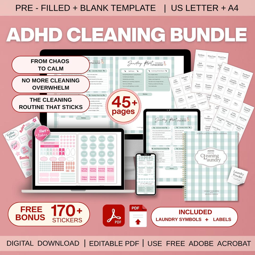 ADHD Cleaning Planner Bundle Printable Chore Chart Cleaning Checklist ...
