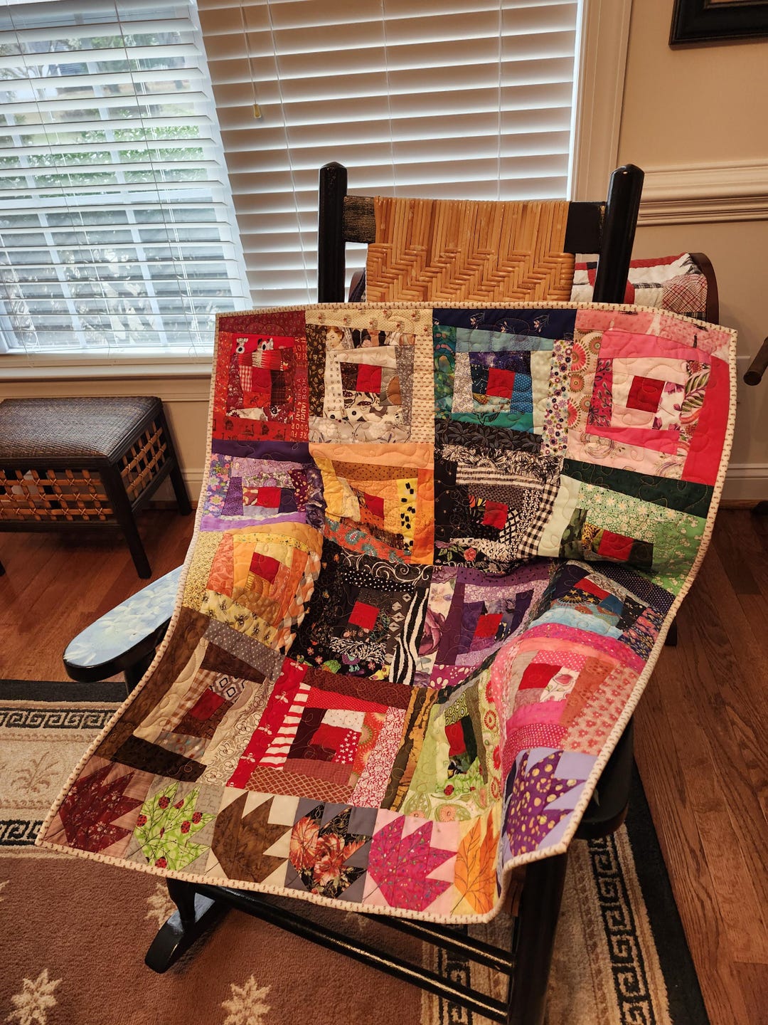 Wheelchair/lap Quilt, Wonky Log Cabin and Leaf Block Quilt, Mini Quilt ...