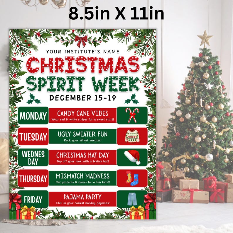 Christmas Spirit Week Flyer Template: School Holiday Planner, Editable ...