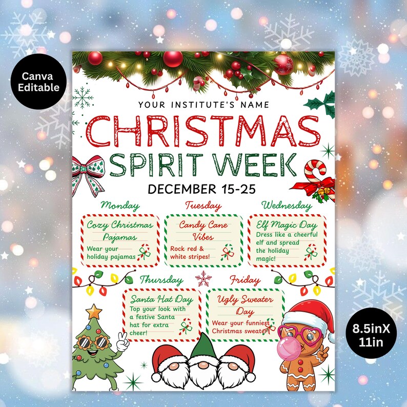 Christmas Spirit Week Flyer Template: School Holiday Planner, Editable ...
